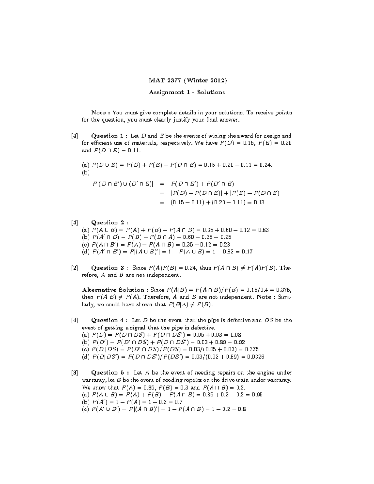 Hw1 2012 sol - practice questions answers - MAT2377 - uOttawa - Studocu