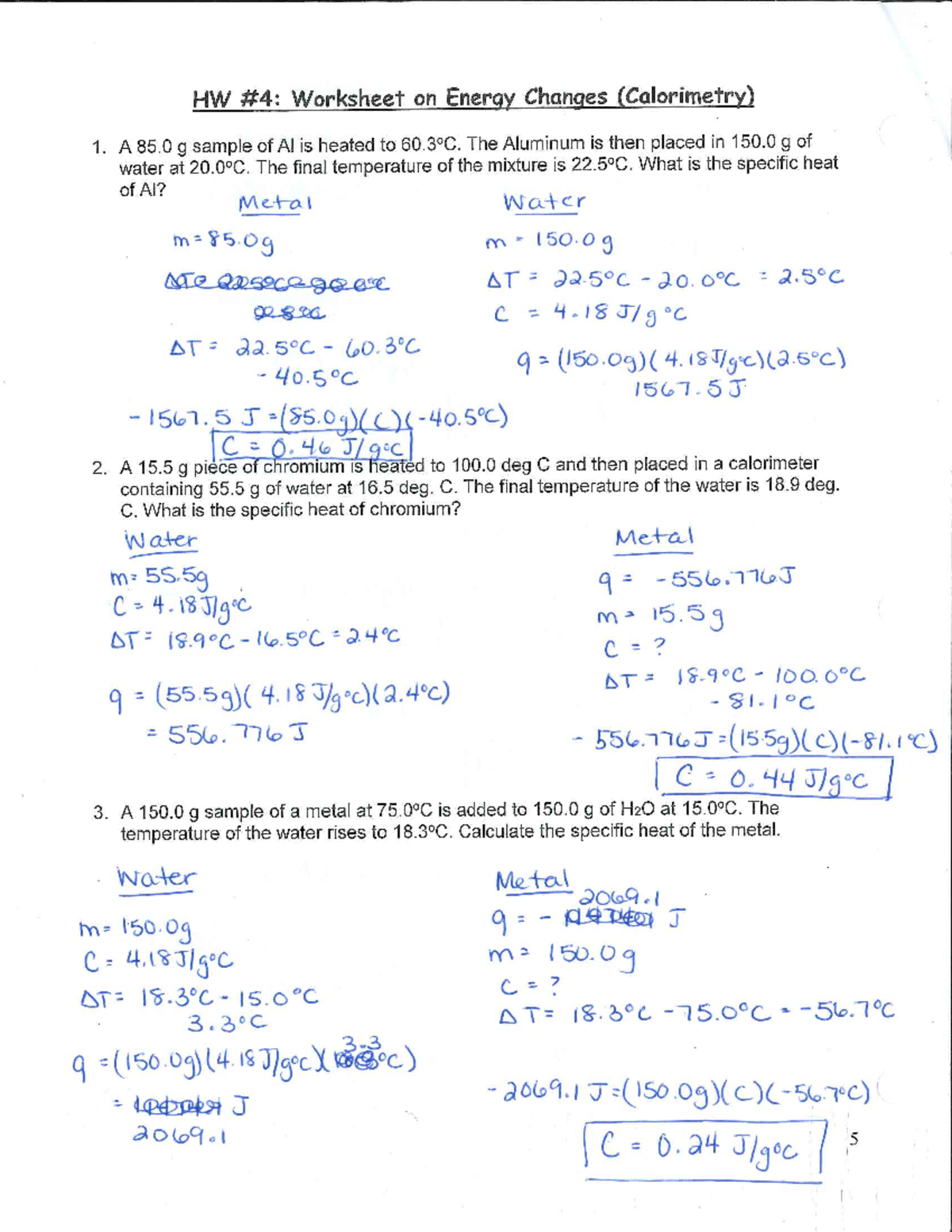 KEY - HON Unit 5 HW 4 - nothing - HW Worksheet on Energy Changes ...