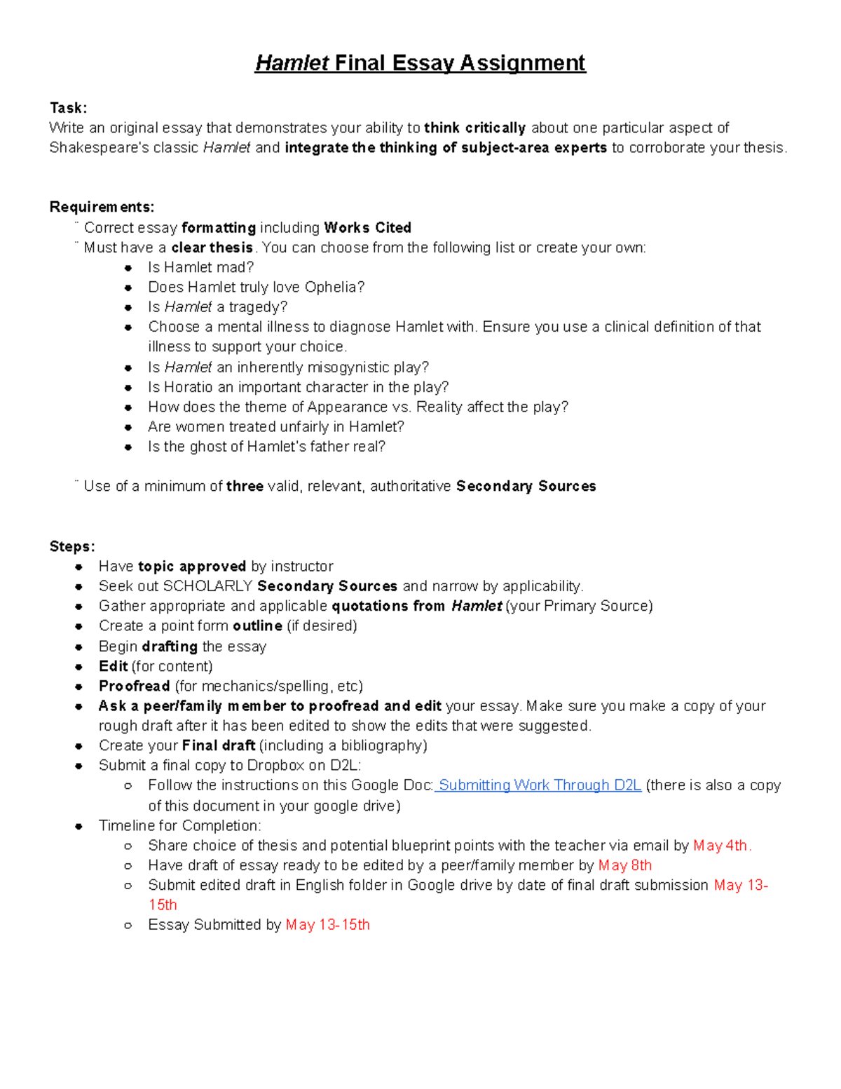 Hamlet rubric filler - Hamlet Final Essay Assignment Task: Write an ...