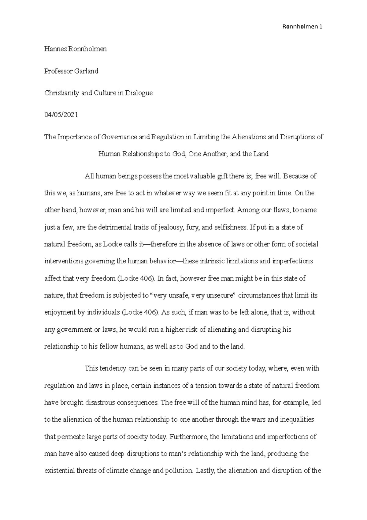 CCD Essay #2 Final - Hannes Ronnholmen Professor Garland Christianity ...