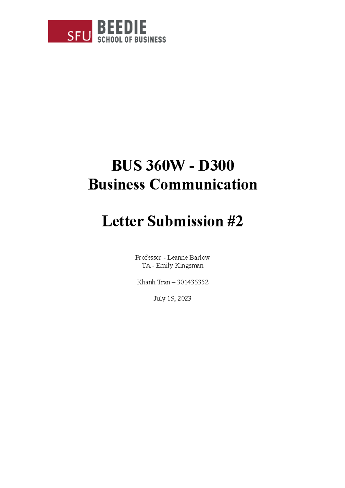 Letter Submission #2 - BUS360W PE - BUS 360W - D Business Communication ...