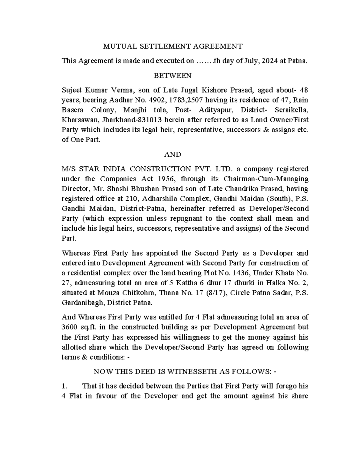 Mutual Settlement Agreement Sujeet Verma - MUTUAL SETTLEMENT AGREEMENT ...