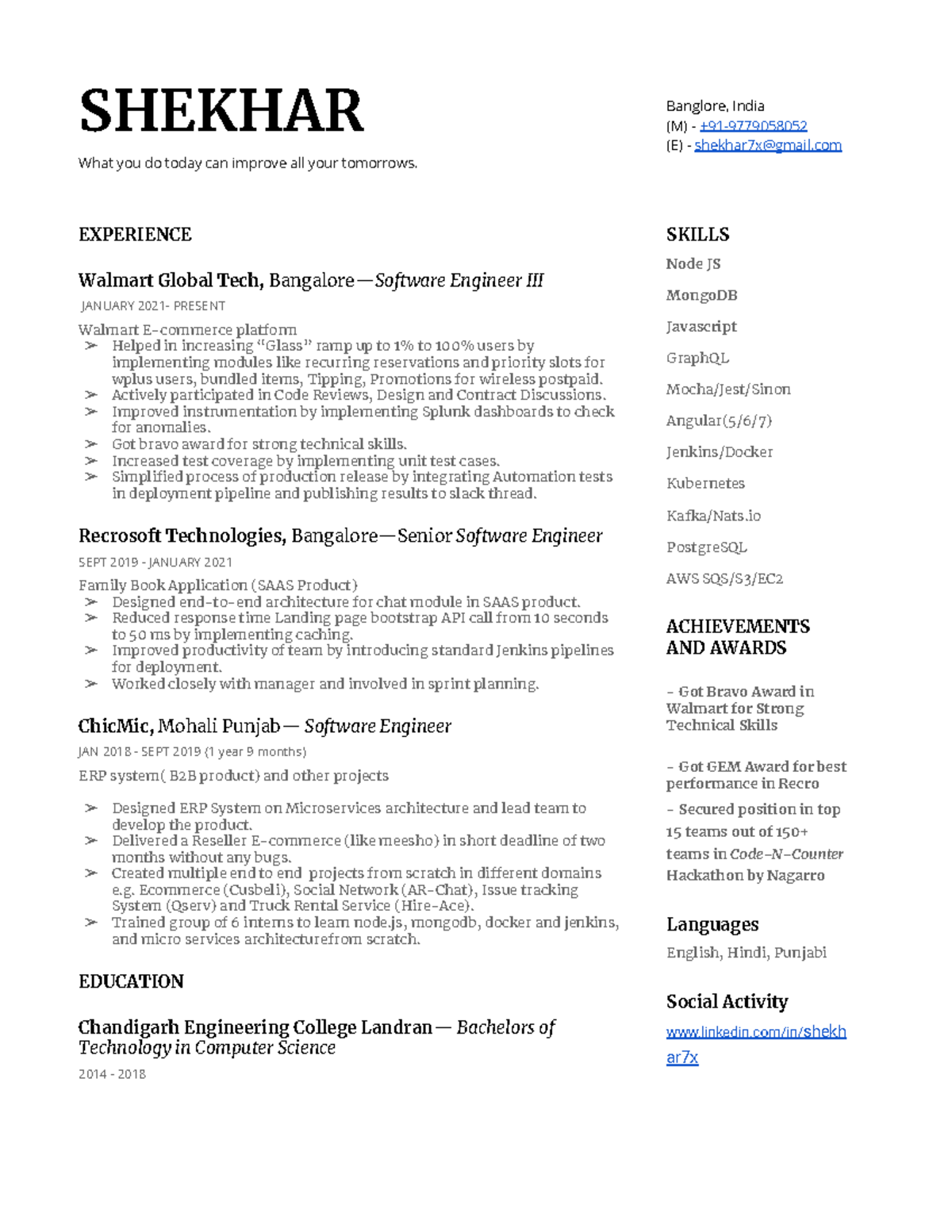 Shekhar Resume - SHEKHAR What you do today can improve all your ...