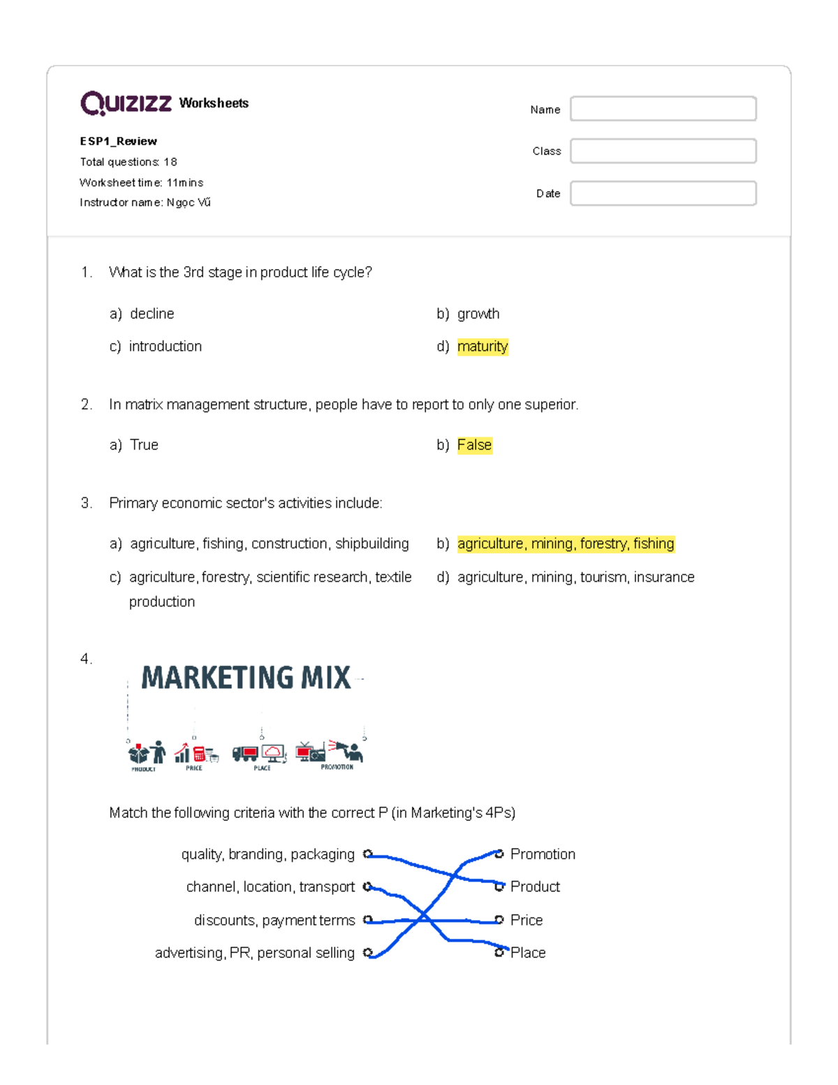ESP1 Review Quizizz (with answer key) - Worksheets ESP1_Review Total ...