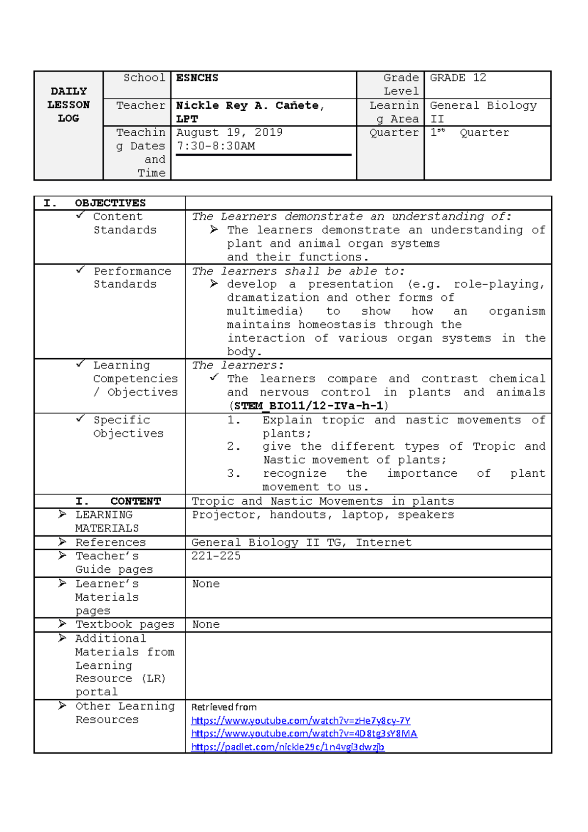 DLP for DEMO TAME - lesson plan in General biology Movement - DAILY ...