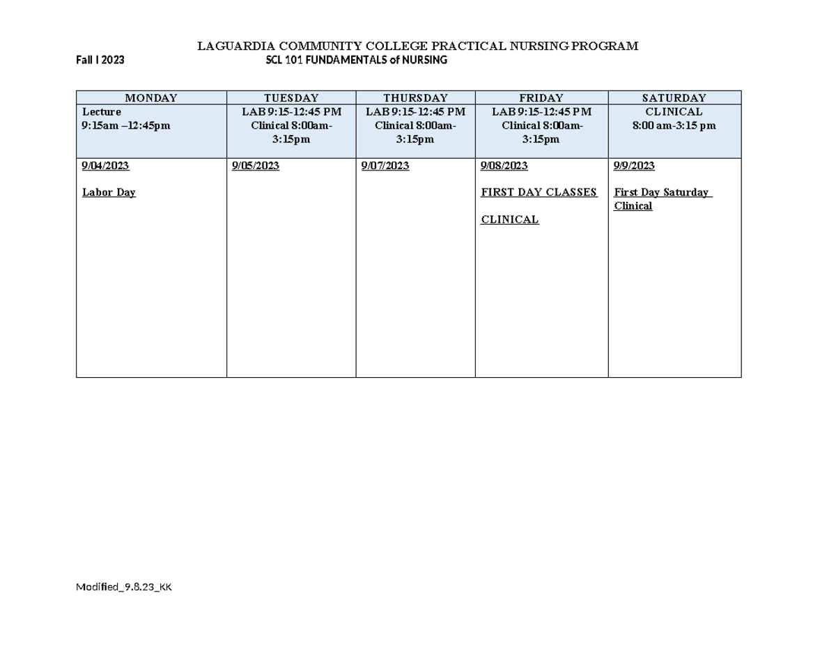 Calendar Fall 2023 KK REV.1 (19) - Fall I 2023 SCL 101 FUNDAMENTALS of ...