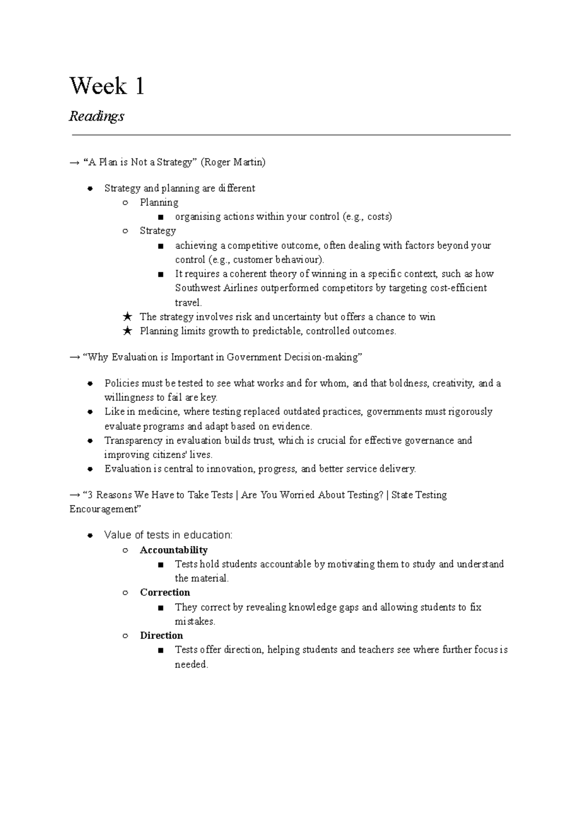 Week 1 - Notes for the week one class! ! - Week 1 Readings → “A Plan is ...