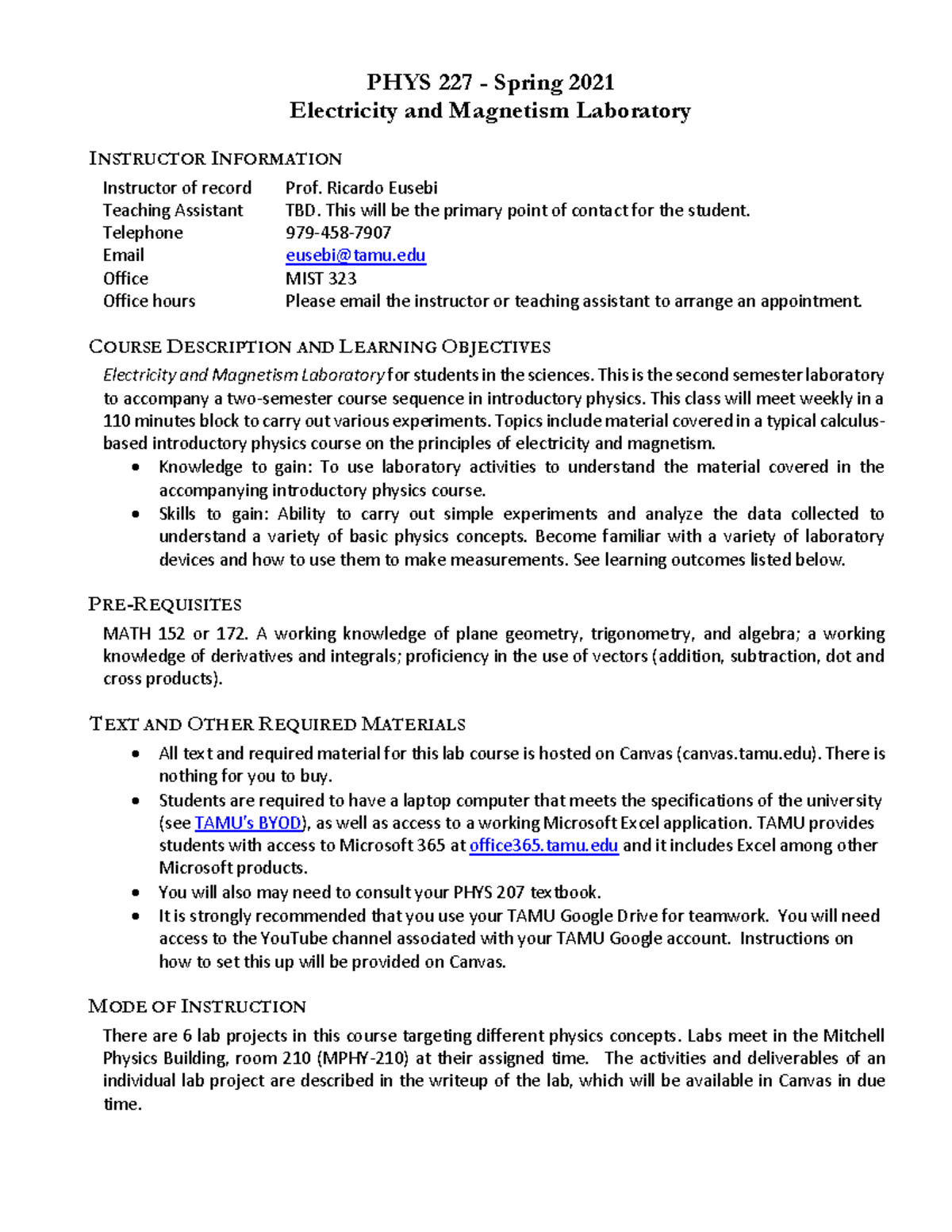 Syllabus 227 Spring 2021 - PHYS 227 - Spring 2021 Electricity and ...