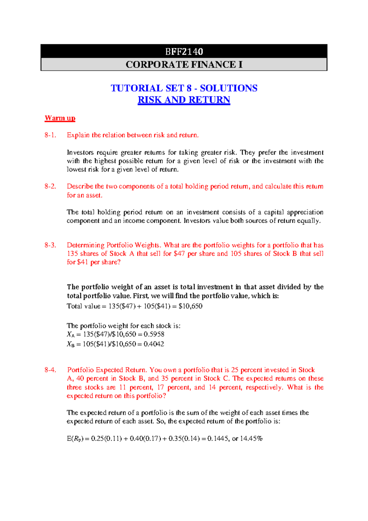 2140 Tutorial 8 Solutions - BFF2140BFF2140BFF2140BFF CORPORATE FINANCE ...