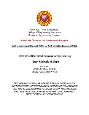 SIM CEE 101 Calculus for Engineers 1 - CEE 101- Differential Calculus ...