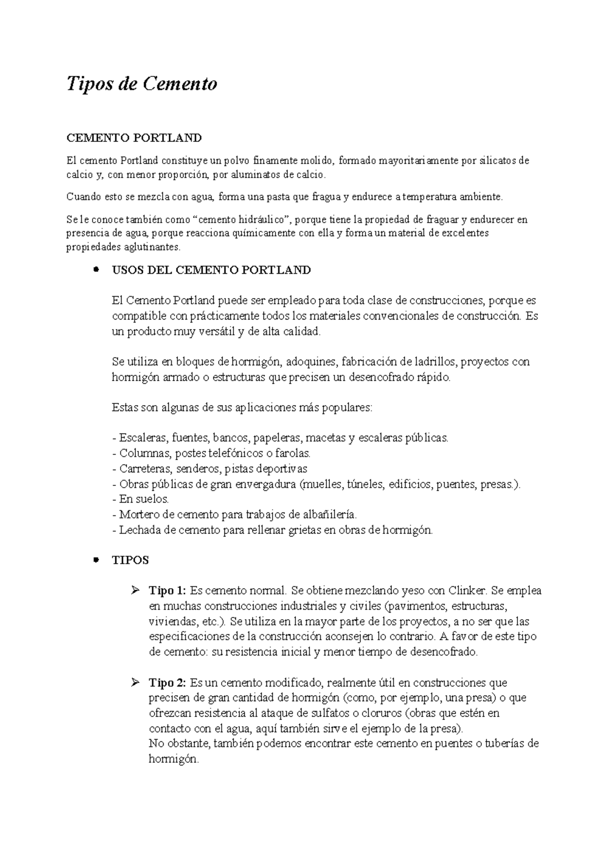 Tipos de Cemento tarea - Tipos de Cemento CEMENTO PORTLAND El cemento Portland constituye un ...