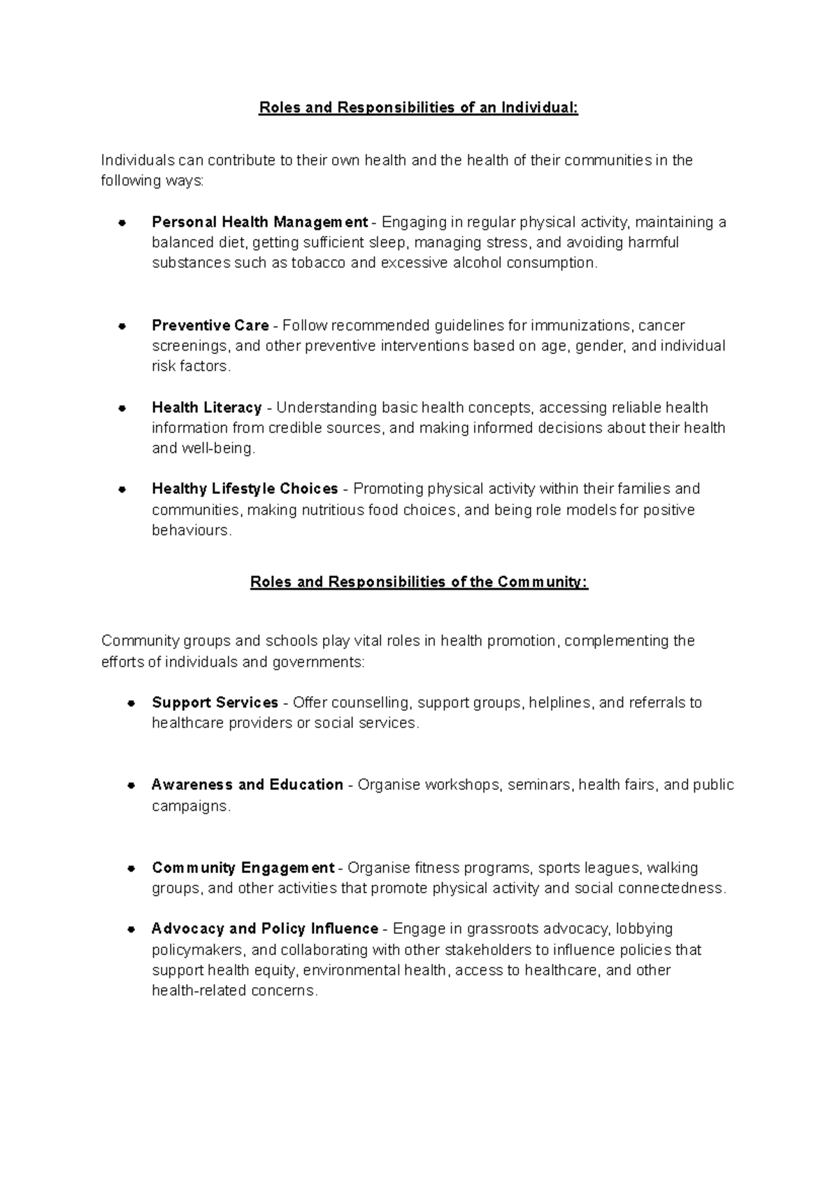 Roles and Responsibilities - Responsibility for Health promotion ...