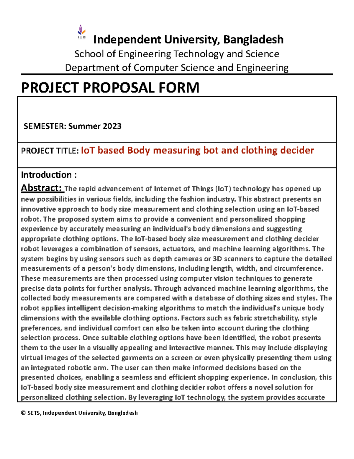 Project Proposal - Independent University, Bangladesh School of ...