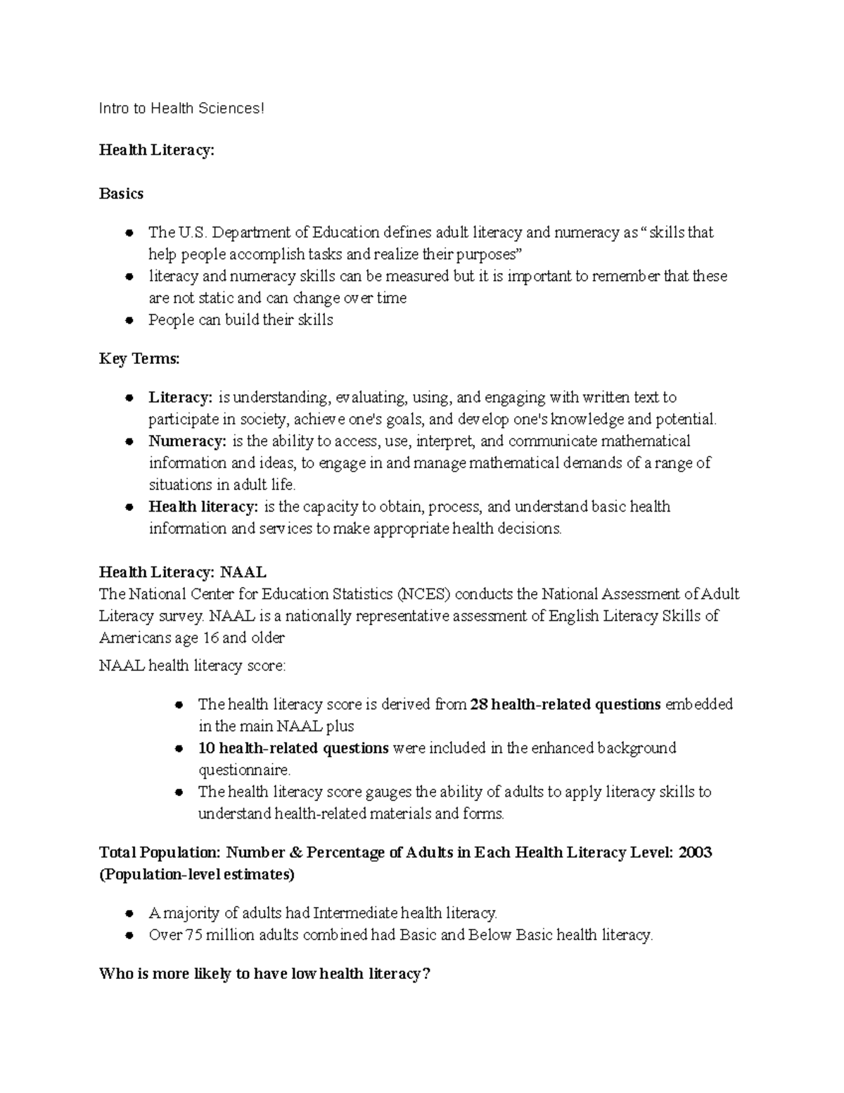 HTH 150 Lecture 7 - Intro to Health Sciences! Health Literacy: Basics ...