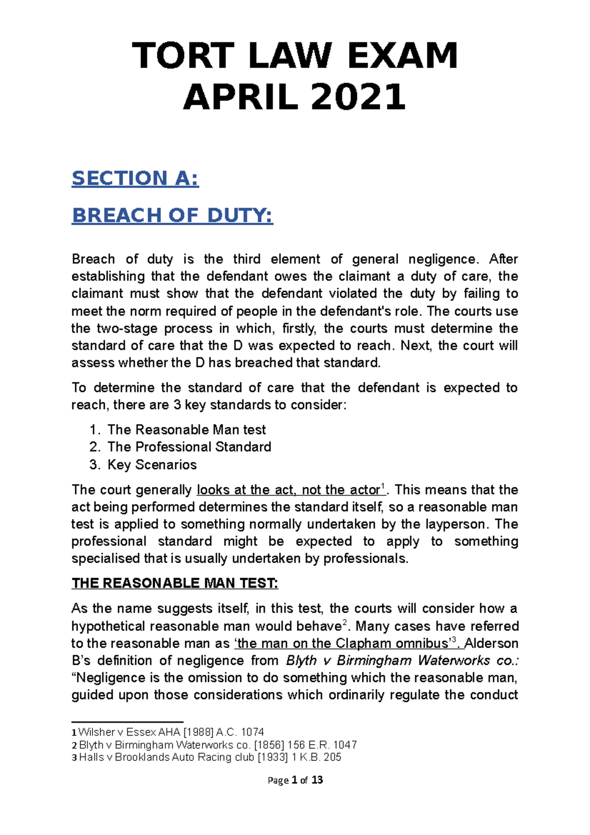 TORT LAW EXAM - Tort law - 7LW021 - WLV - Studocu