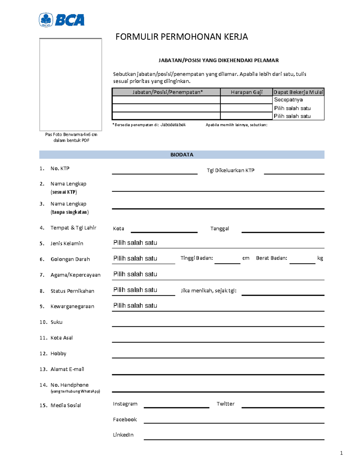 Formulir Permohonan Kerja (Fillable Form) - Tgl Dikeluarkan KTP Kota ...