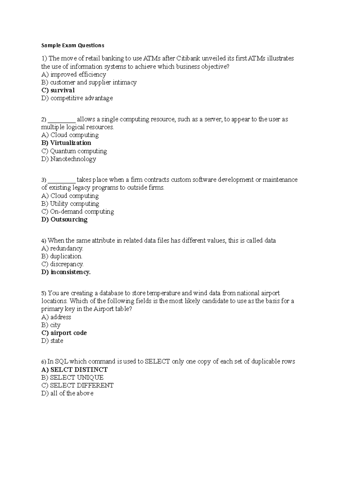 Sample Exam Questions With Answers Multiple Choice Questions for ...