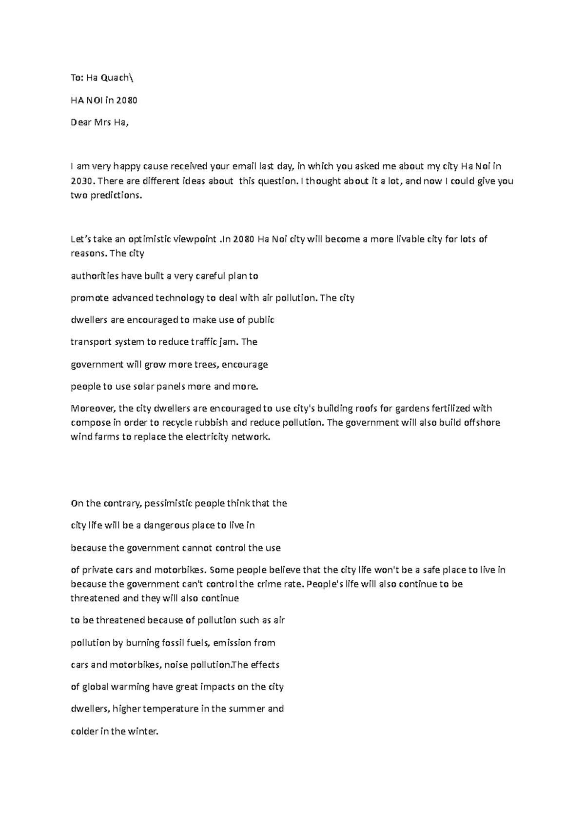 To - hocbai - To: Ha Quach HA NOI in 2080 Dear Mrs Ha, I am very happy ...