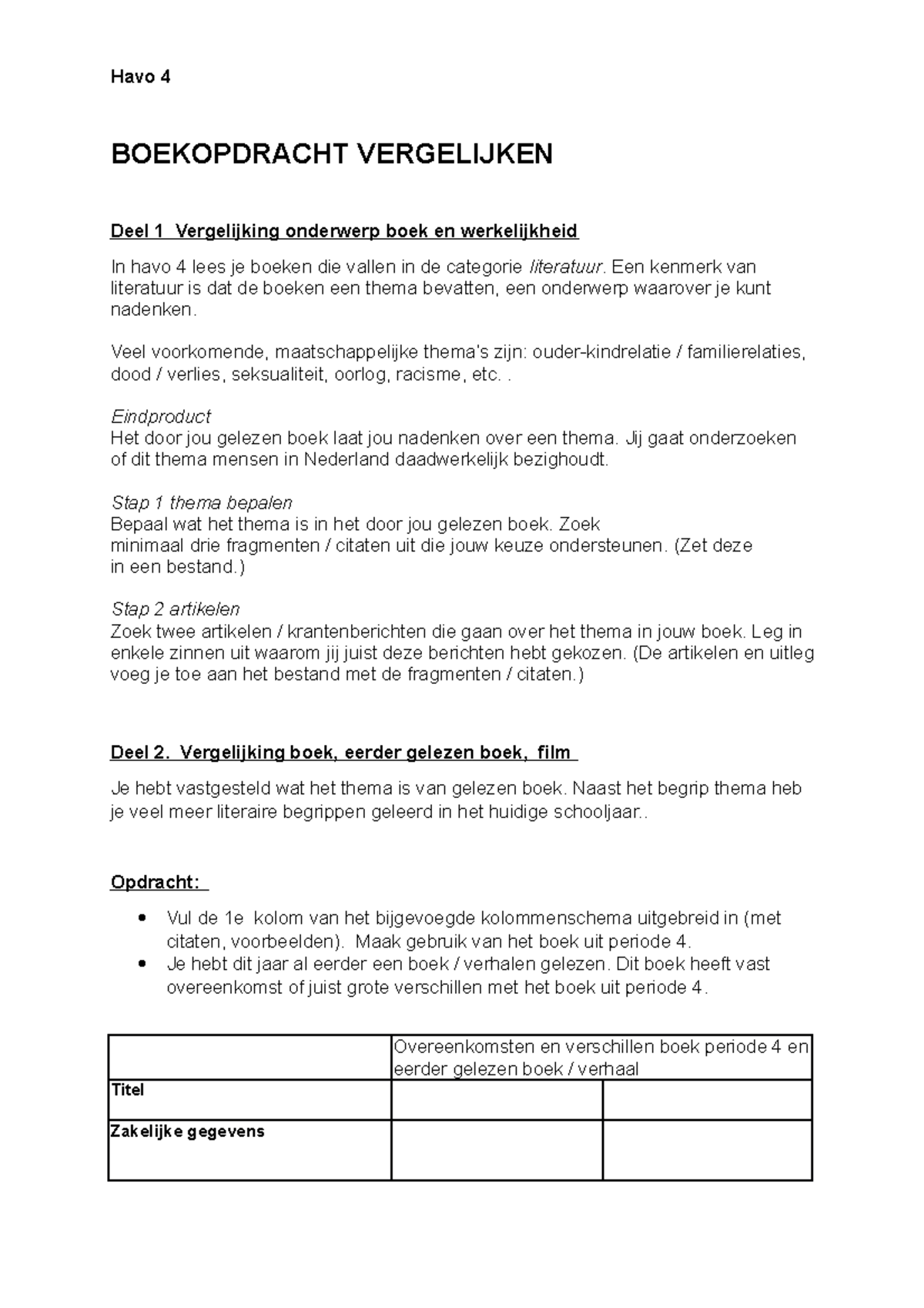 Boekopdracht vergelijken periode 4 - Havo 4 BOEKOPDRACHT VERGELIJKEN ...