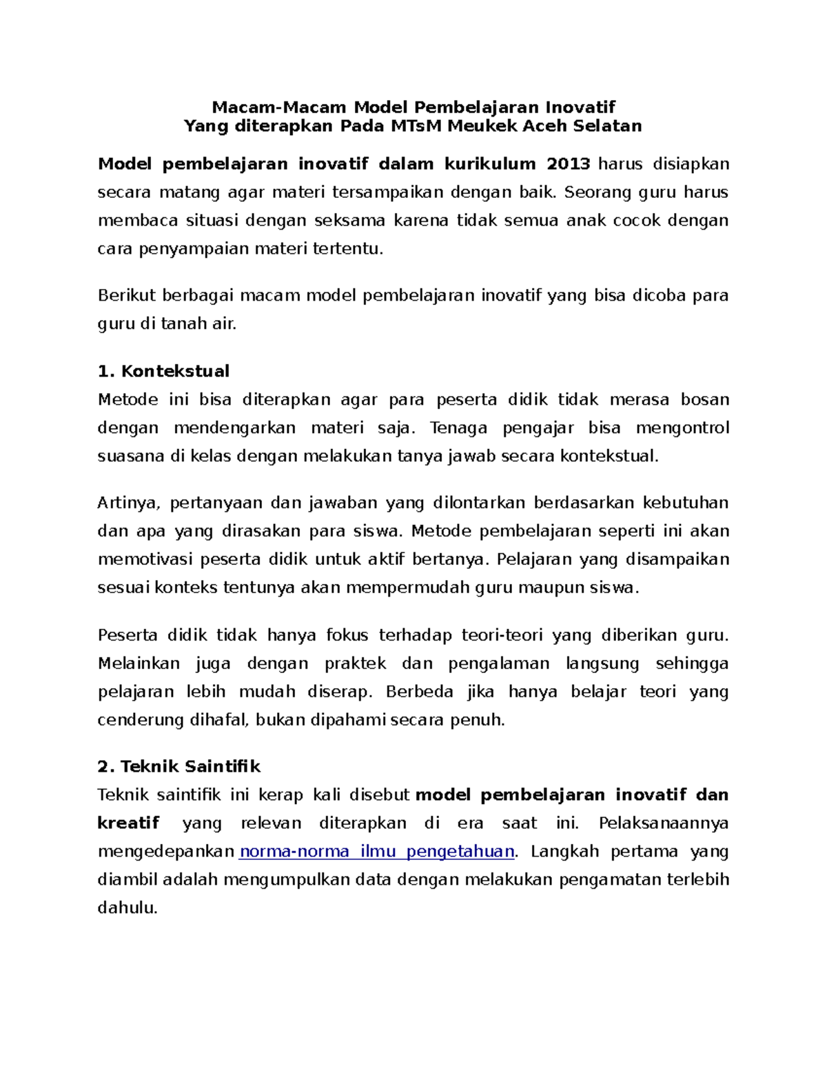 Model Pembelajaran Inovatif MTSM Meukek - Macam-Macam Model ...