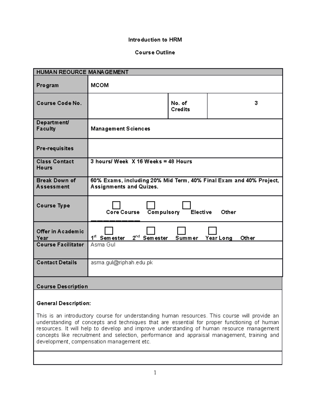 Course outline HRM - Lecture notes 1 - Introduction to HRM Course ...