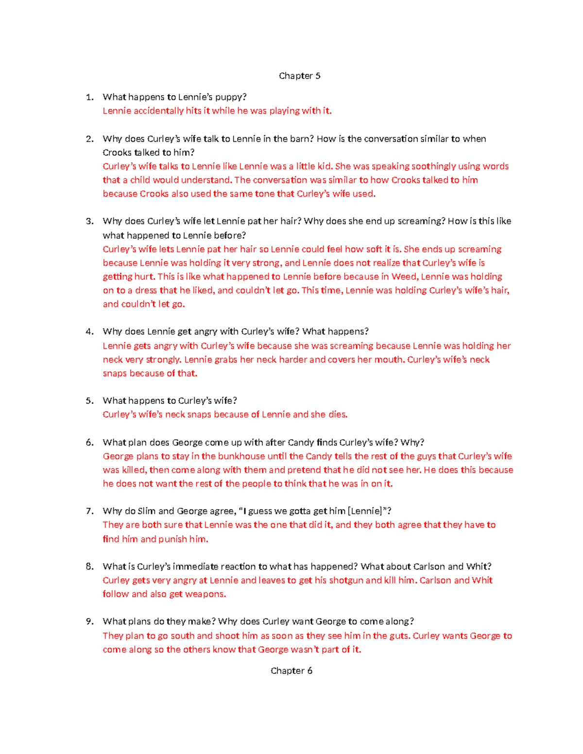 Of Mice and Men Chapter 5 and 6 - Chapter 5 What happens to Lennie’s ...