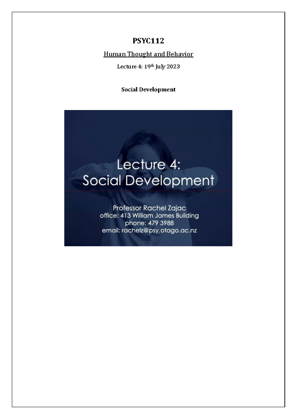 PSYC112 - Lecture 4 - PSYC Human Thought and Behavior Lecture 4: 19th ...