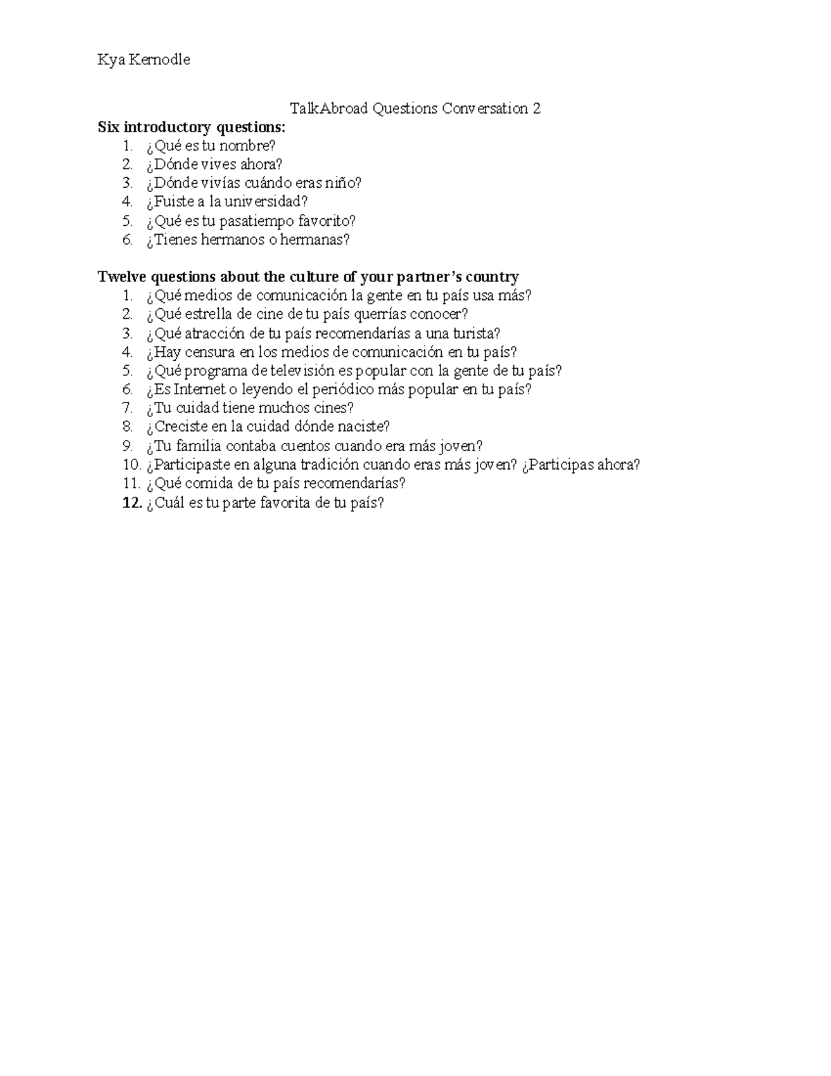 Talk Abroad Questions Conversation 2 - Kya Kernodle TalkAbroad ...