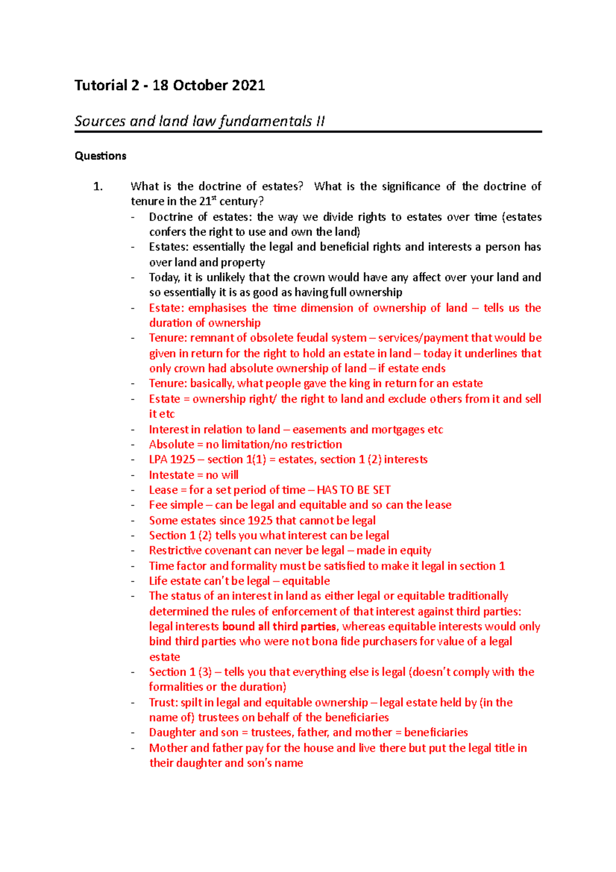 Tutorial 2 wk 3 copy - Tutorial 2 - 18 October 2021 Sources and land law fundamentals II ...