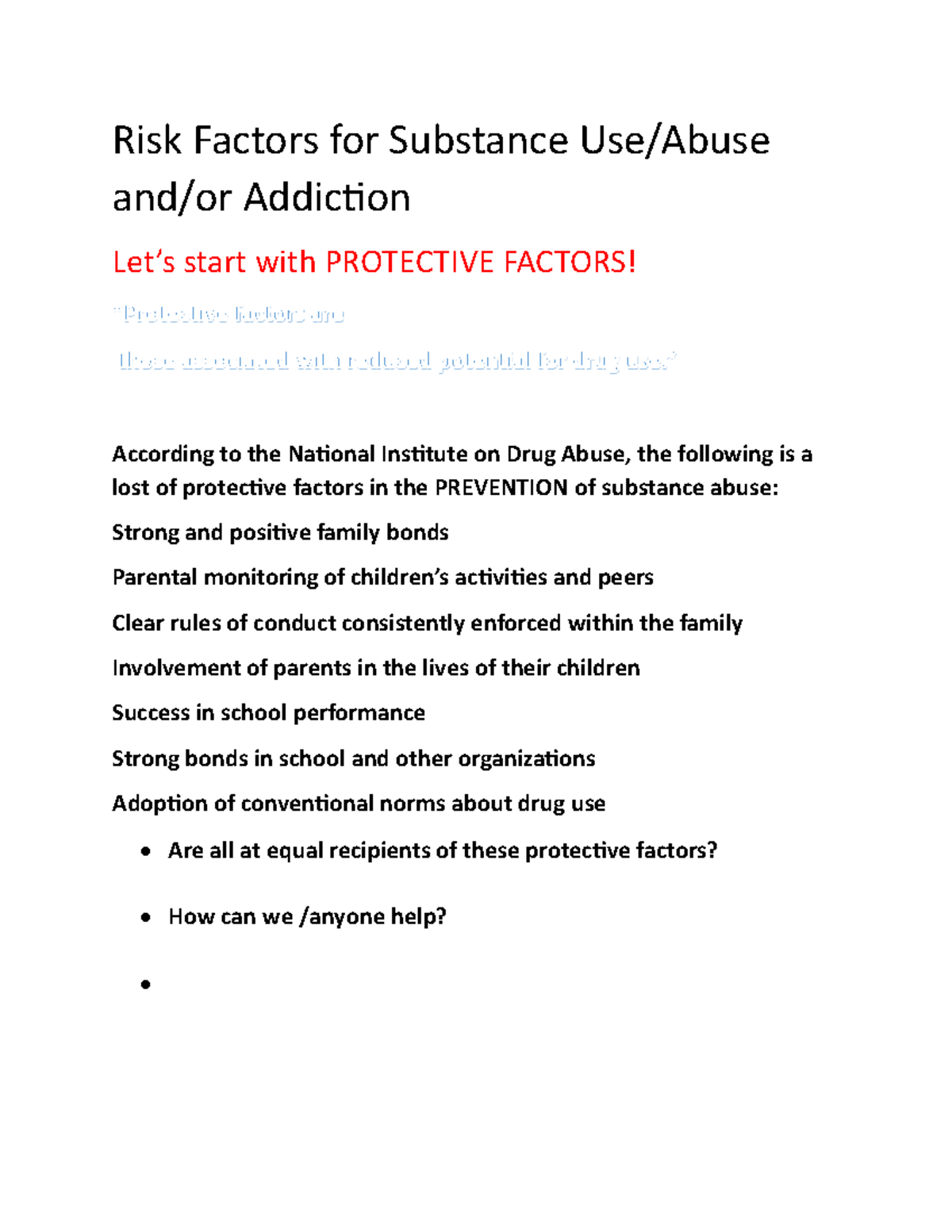 Risk Factors for Substance Use - Risk Factors for Substance Use/Abuse ...