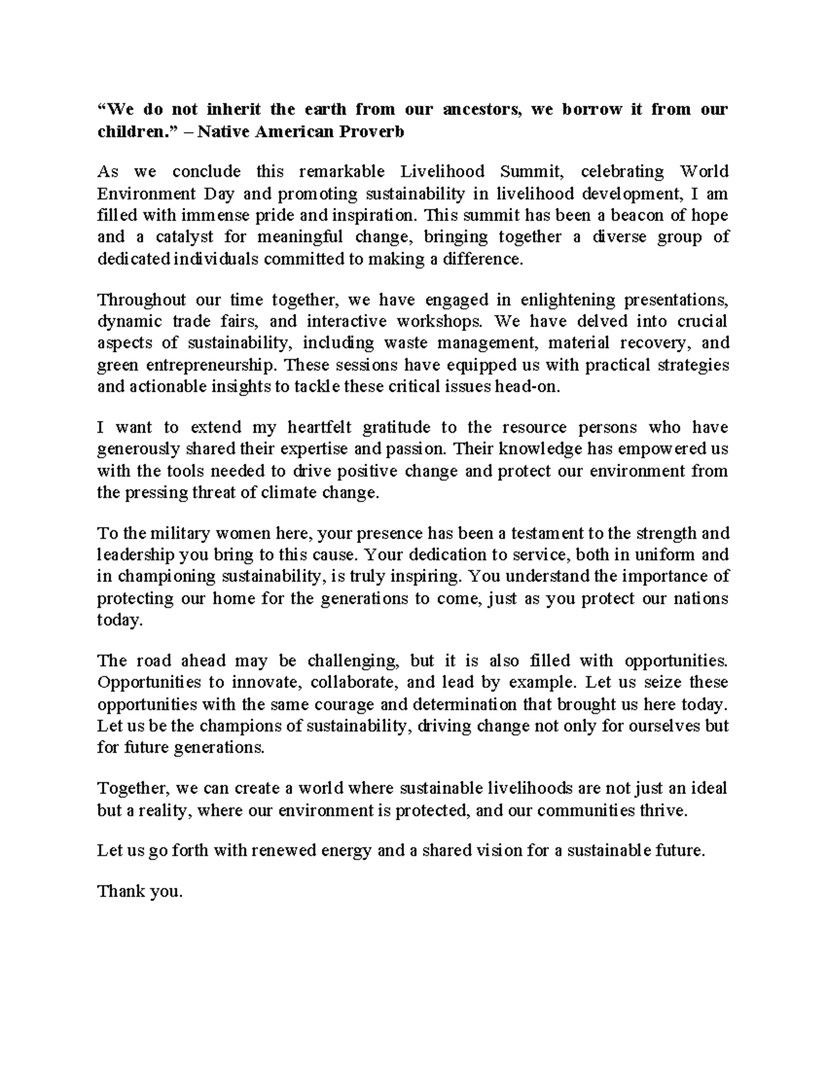 Proposed Speech for June 5 Livelihood Summit - “We do not inherit the ...