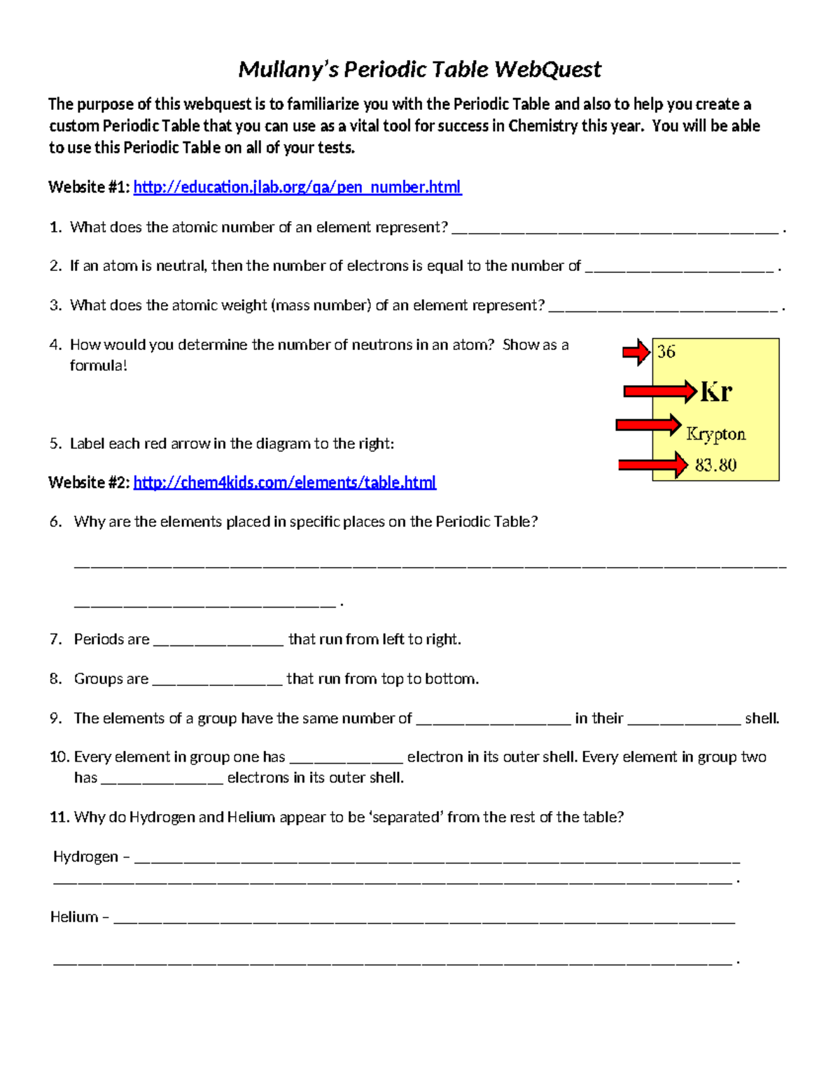 Periodic Table Webquest - Mullany’s Periodic Table WebQuest The purpose ...