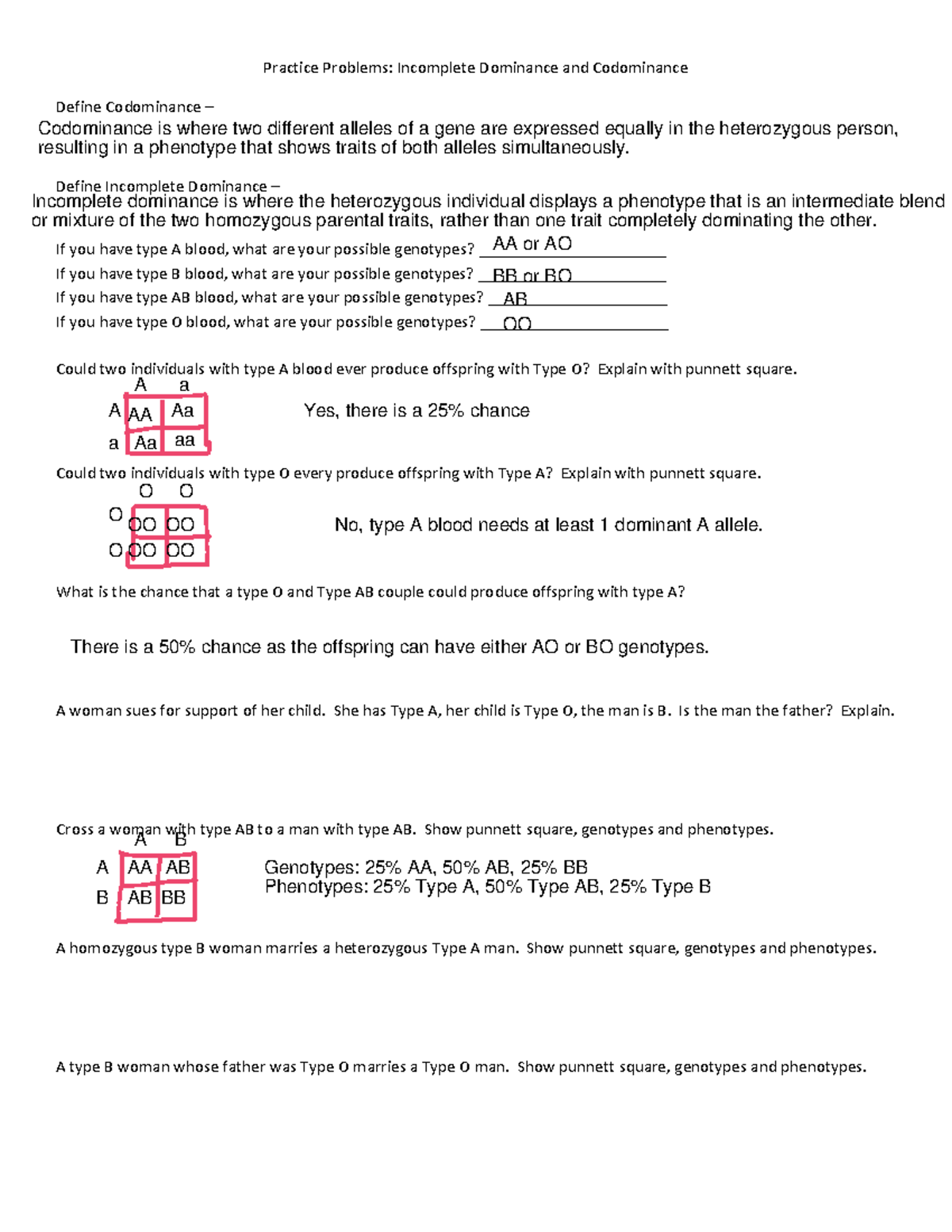 Copy of Worksheets Incomplete-Codominance Package - Practice Problems ...