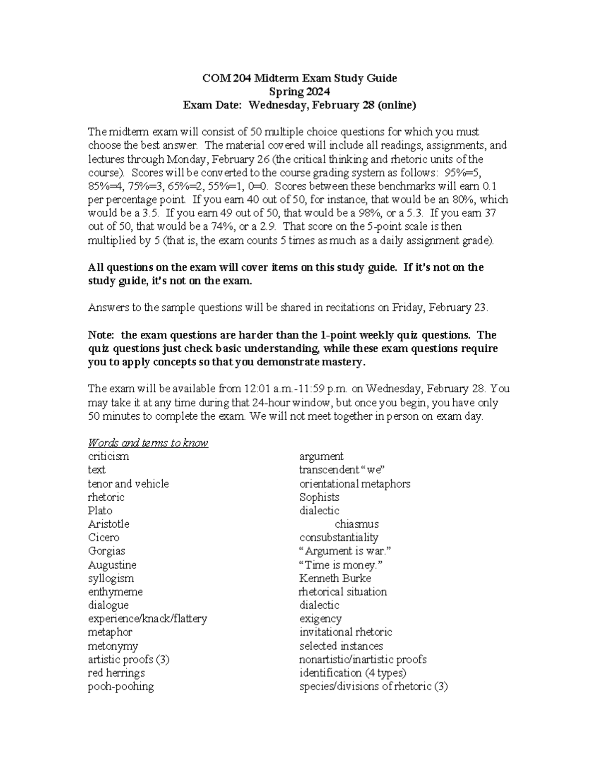 204midtermstudyscan - midterm - COM 204 Midterm Exam Study Guide Spring 2024 Exam Date ...