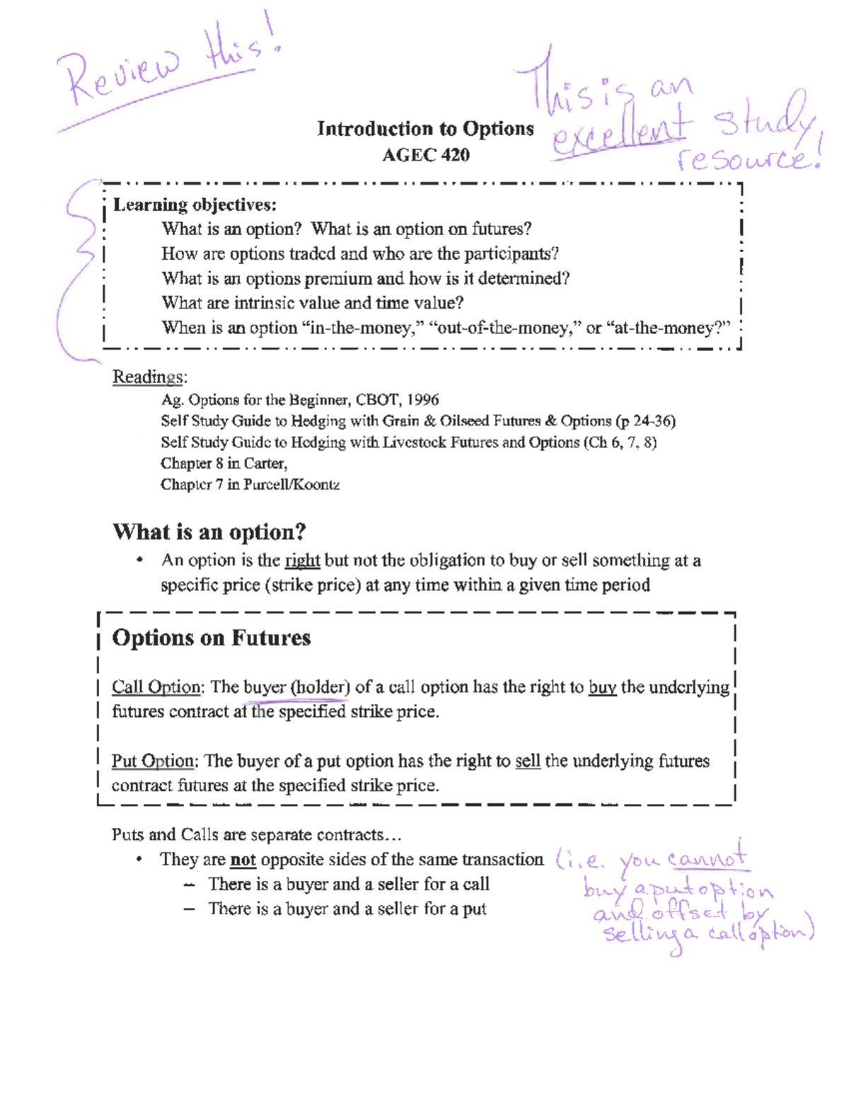 Options Worksheet with Dr. Yeager's notes - AGEC 420 - Studocu