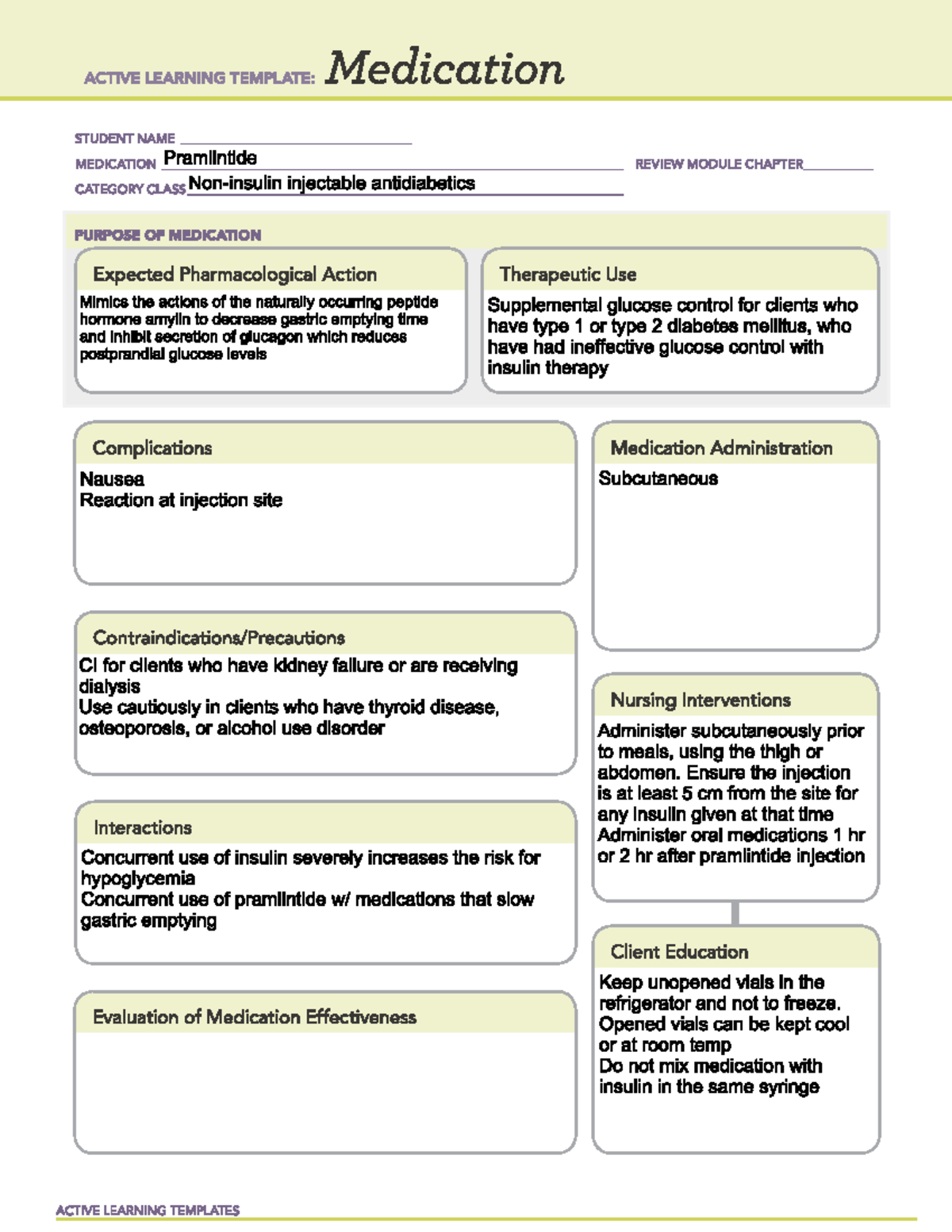 Pramlintide - ATI pharmacology sheet - ACTIVE LEARNING TEMPLATE: Me ...