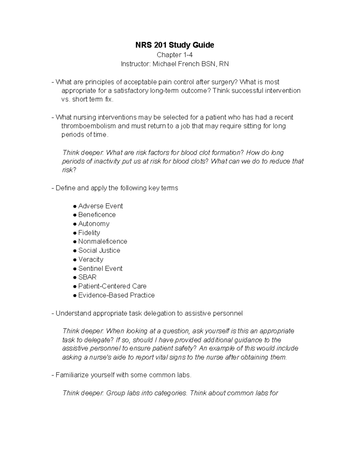 NRS 201 Exam 1 Study Guide - NRS 201 Study Guide Chapter 1- Instructor ...