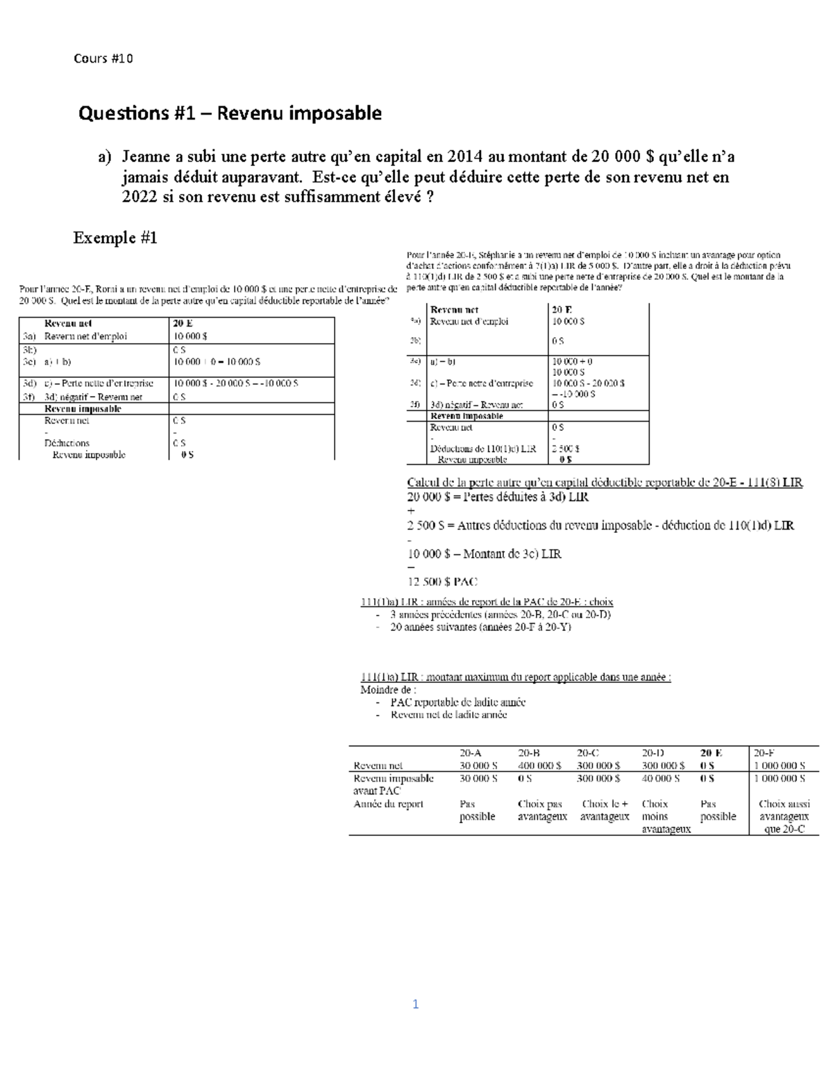 Exercices - Cours 10 - Questions #1 – Revenu imposable a) Jeanne a subi ...