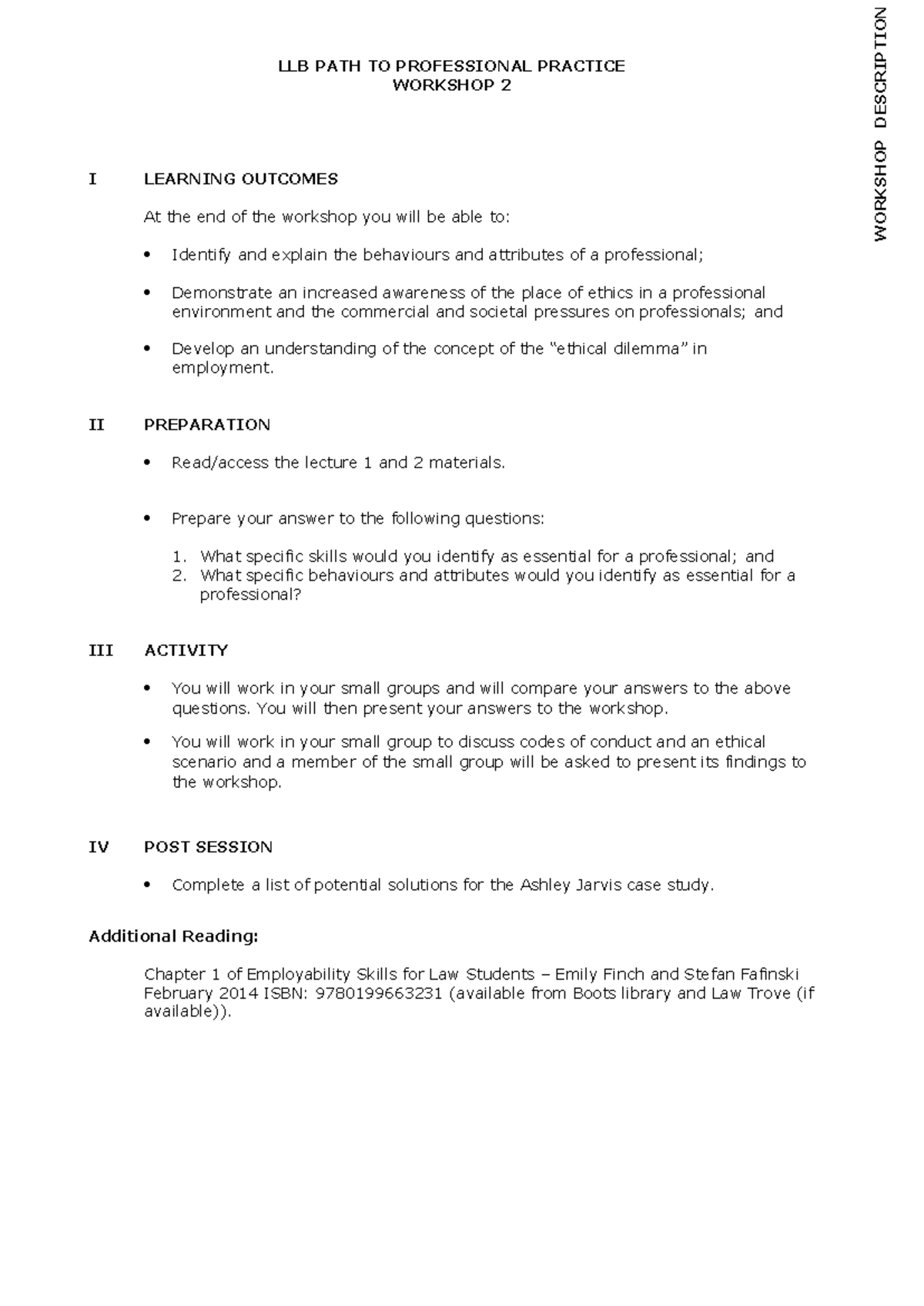 Workshop 2 Description & Student Preparation - WORKSHOP DESCRIPTION LLB PATH TO PROFESSIONAL ...