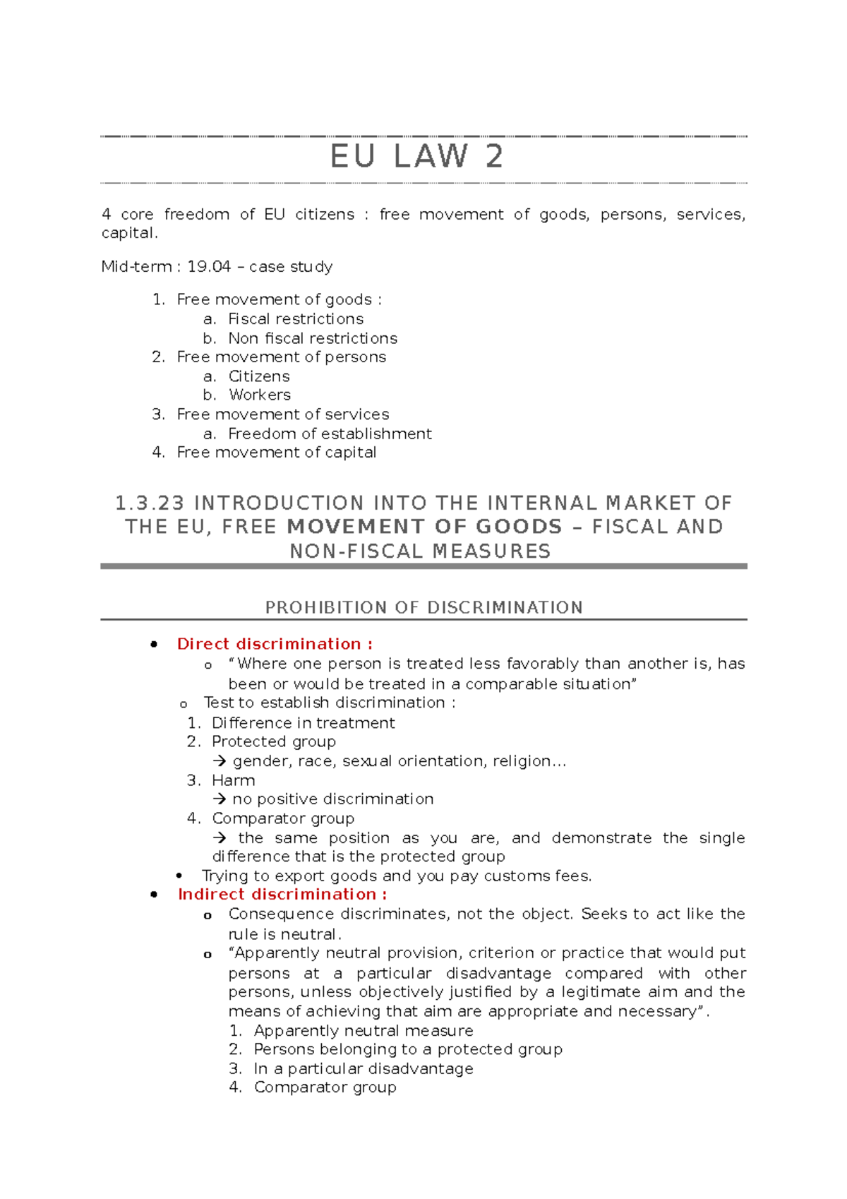 EU law 2 - EU material law, the 4 freedoms - E U L AW 2 4 core freedom ...