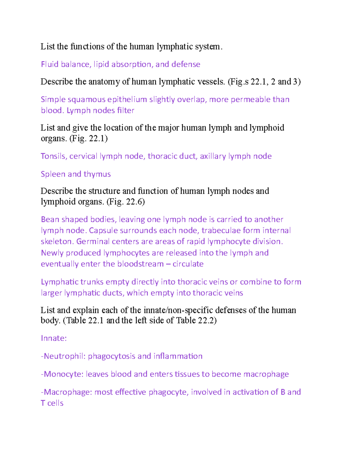 Lymph sys - List the functions of the human lymphatic system. Fluid ...