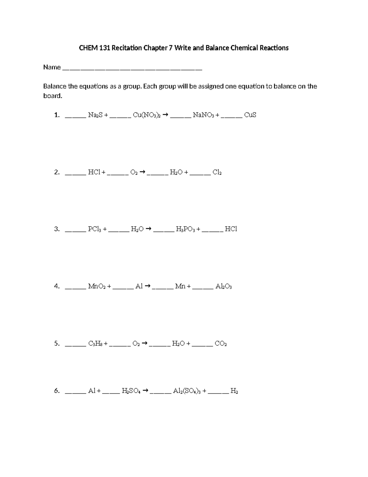 CHEM 131 Ch7 Balance Equations - CHEM 131 Recitation Chapter 7 Write ...