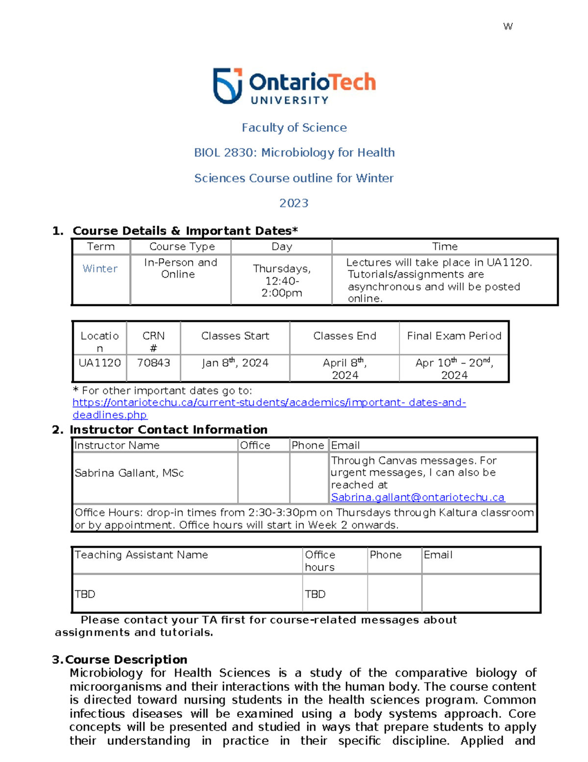 Microbiology Course Outline - 2024 Faculty of Science BIOL 2830 ...