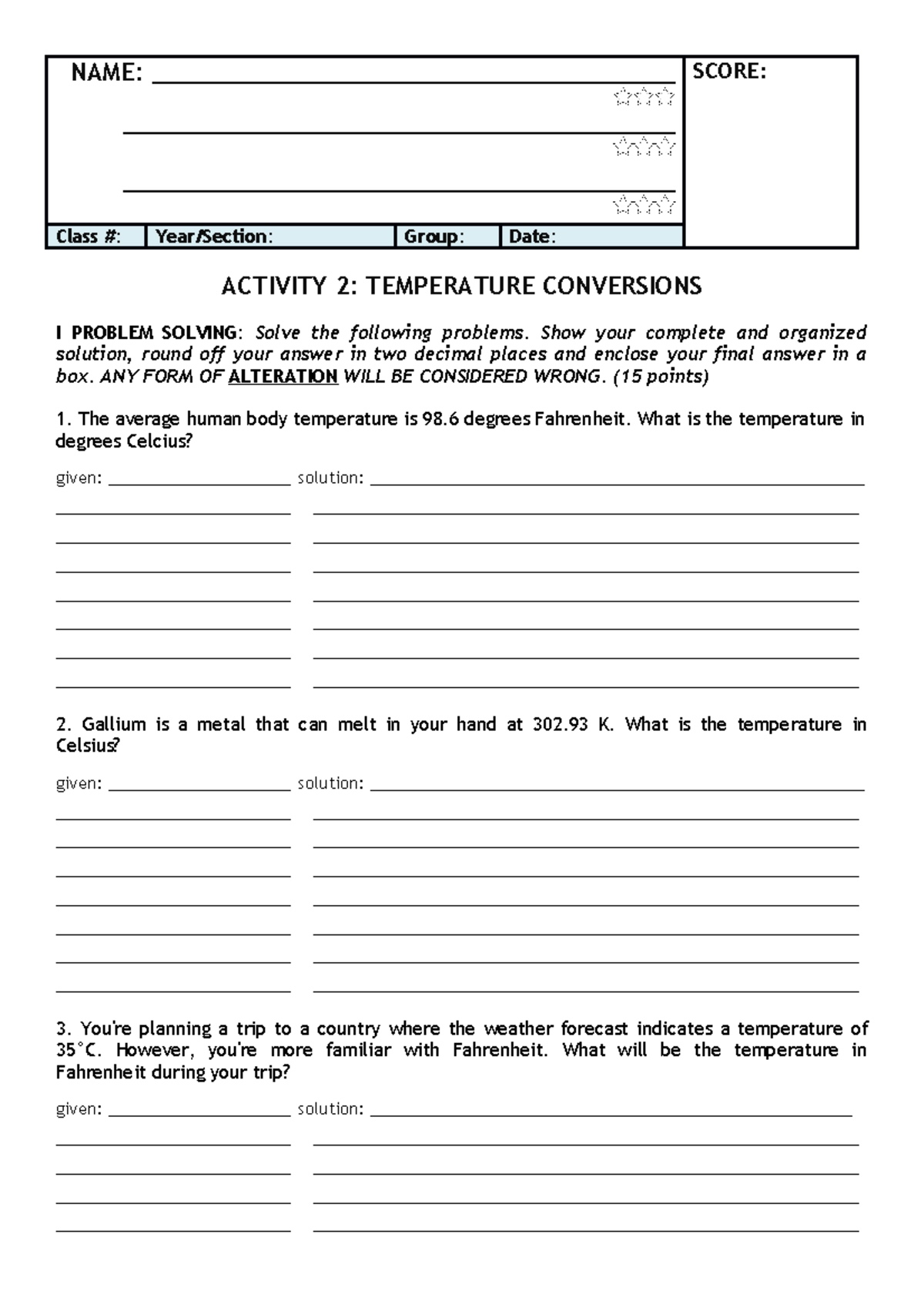 Science 8 1st activity 2 temperature conversion - NAME