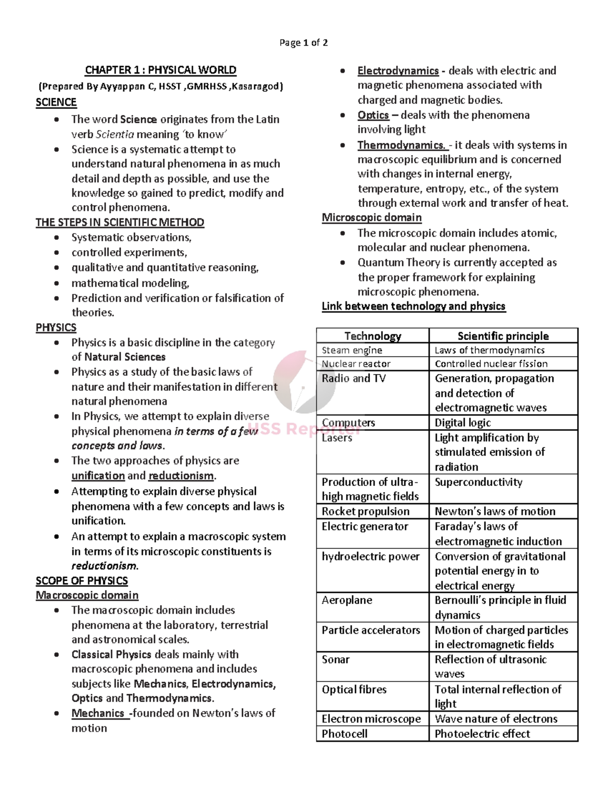 HSSRptr +1 Phy Chapter 1- Physical World - Page 1 of 2 CHAPTER 1 : PHYSICAL WORLD (Prepared By ...