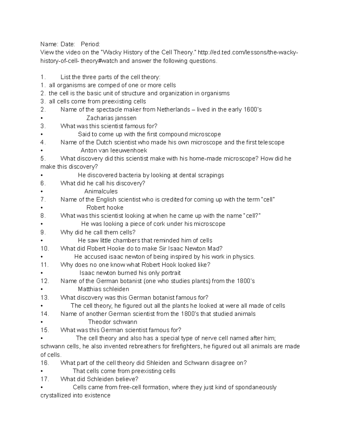 Bio - essay - Name: Date: Period: View the video on the “Wacky History ...