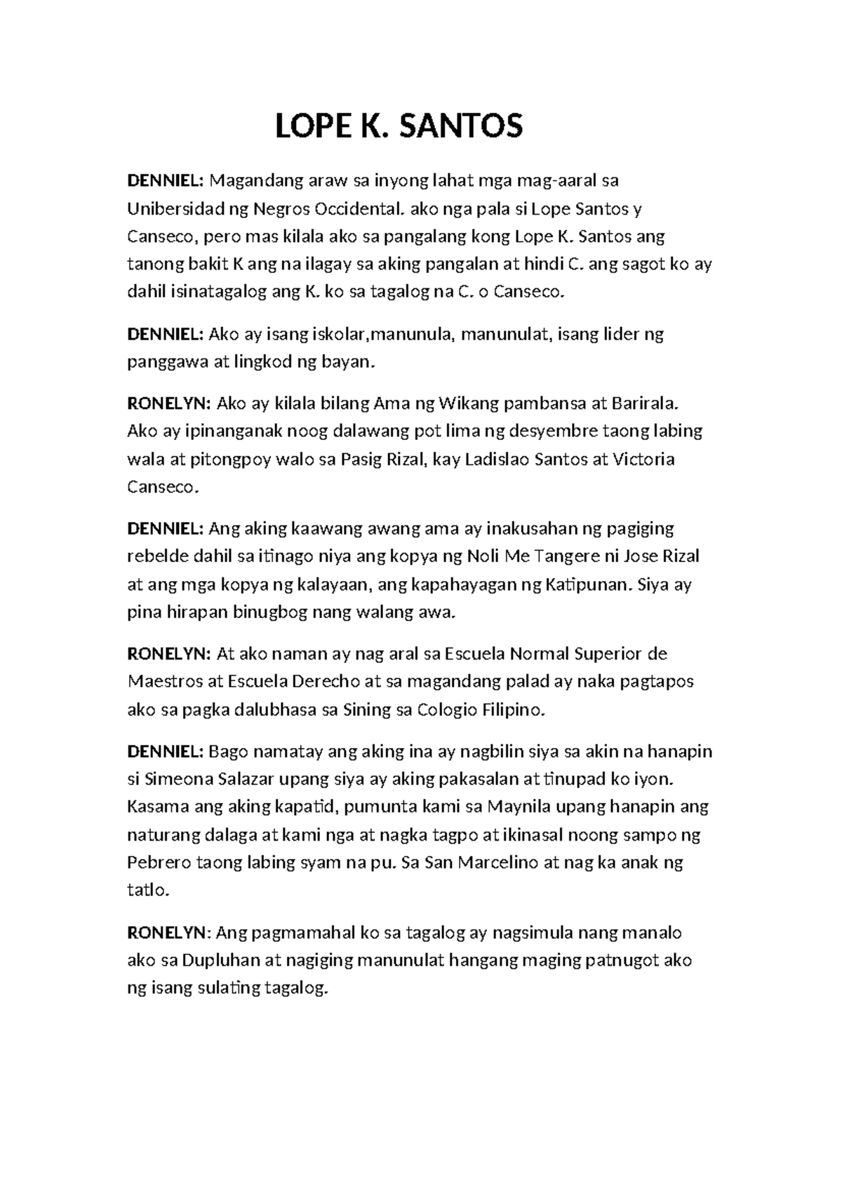 LOPE K. Santosdocx - LOPE K. SANTOS DENNIEL: Magandang araw sa inyong ...