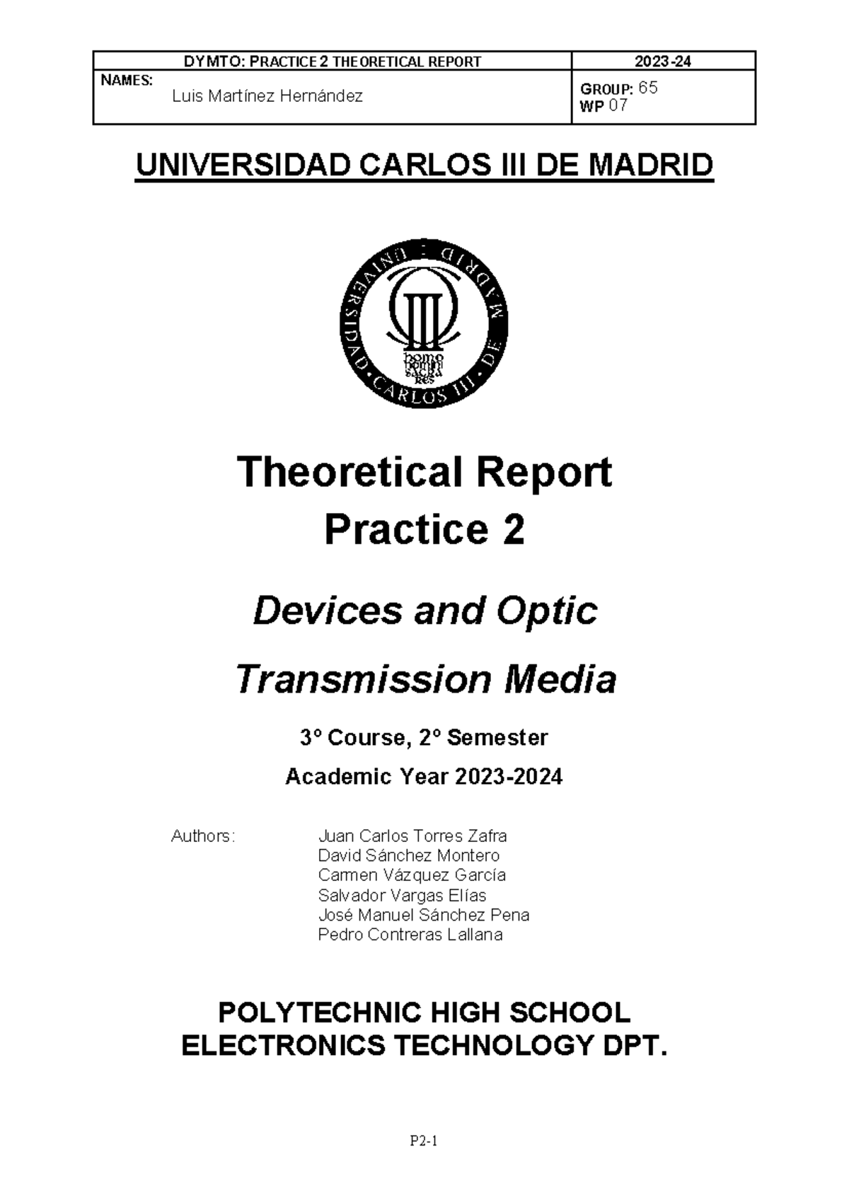 Theoretical Report P2 - DYMTO: PRACTICE 2 THEORETICAL REPORT 2023 - 24 ...