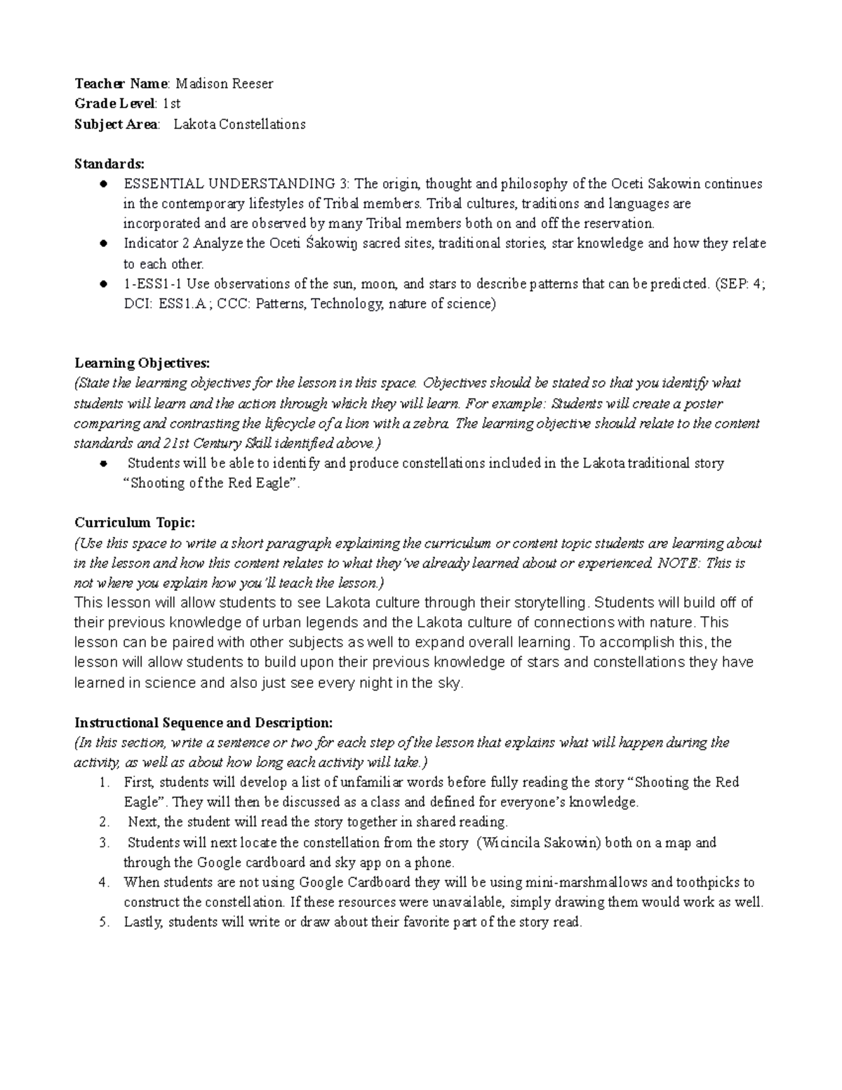 Lakota Constellations Lesson Plan - Teacher Name: Madison Reeser Grade ...