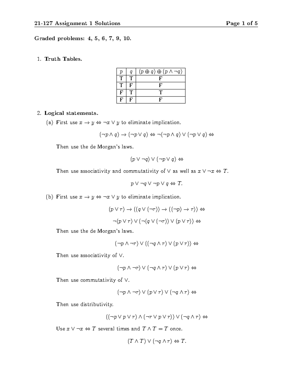 Hw1sol - Graded problems: 4, 5, 6, 7, 9, 10. Truth Tables. p q (p⊕q)⊕(p ...